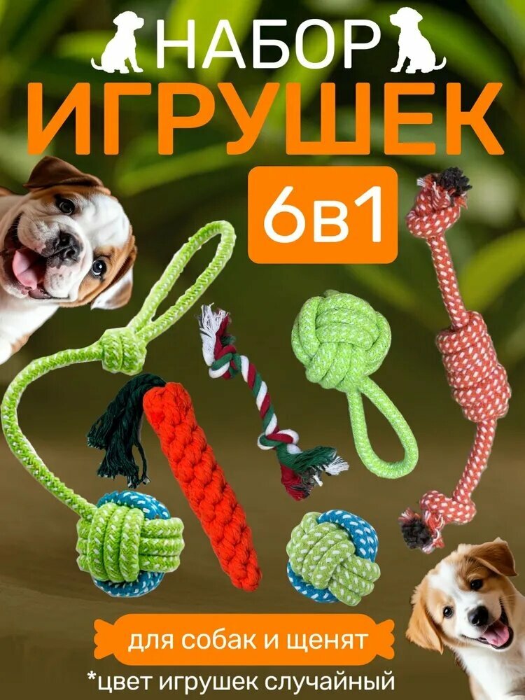 Игрушки для собак мелких, средних пород и щенков. Развивающий набор игрушек из каната 6 шт/ морковка, грейферы, мячик, канаты хлопковые/для дрессировки, игры и чистки зубов