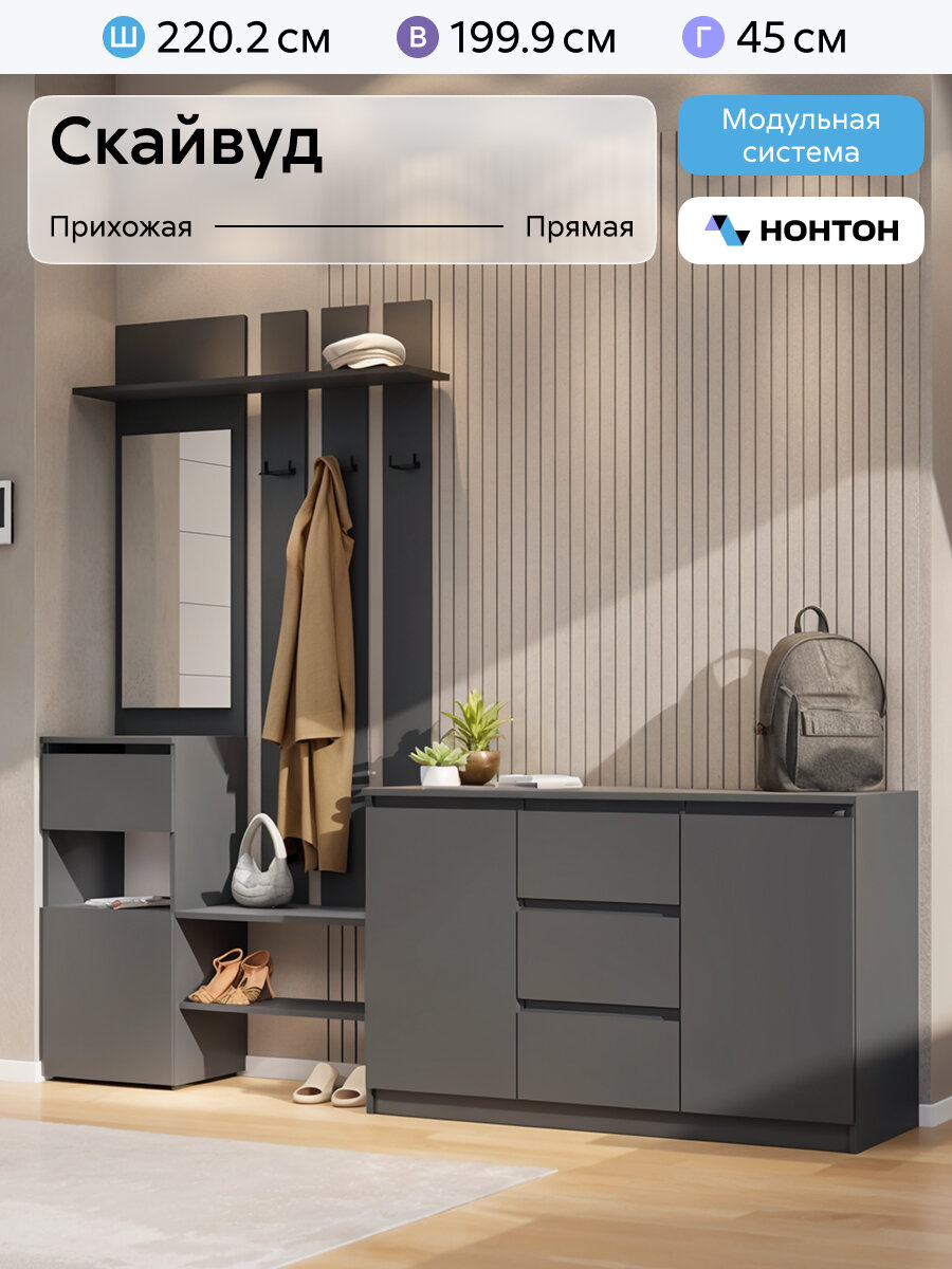 Стенка в прихожую Нонтон Скайвуд Мини, 220х45х199 см, 2 модуля, графит