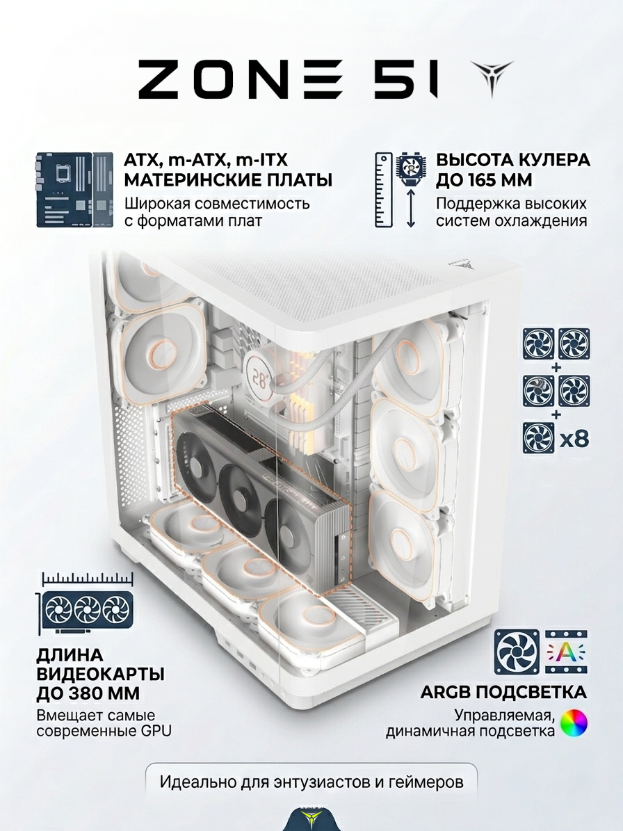 Корпус компьютерный ZONE 51 "Fury White", закалённое стекло, 5 ARGB-вентиляторов