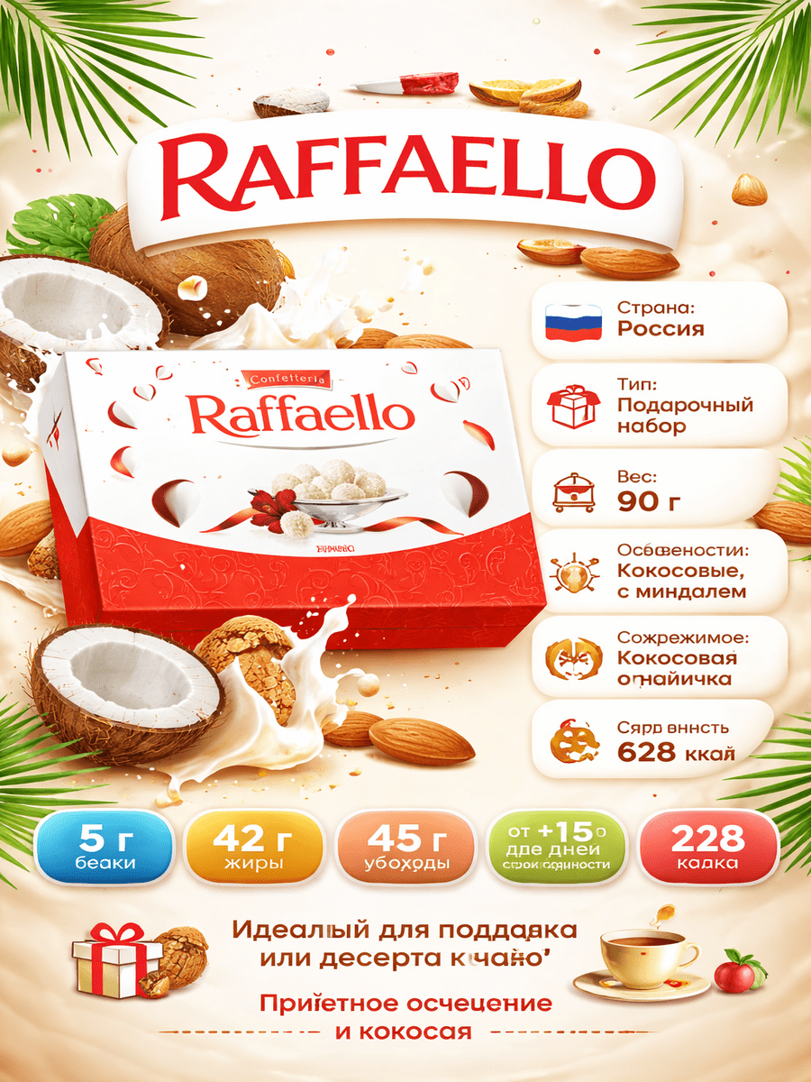 Конфеты в коробке Raffaello с цельным миндальным орехом в кокосовой обсыпке, 90г