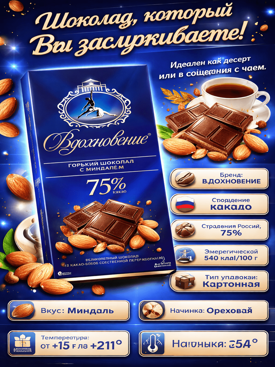 Шоколад Вдохновение горький с миндалем 75% какао, 90г