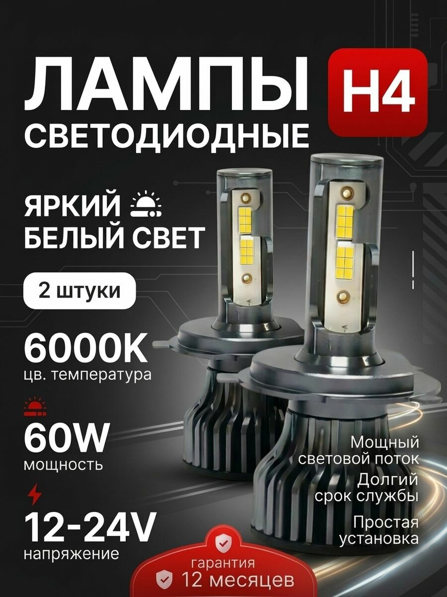 Лампы автомобильные светодиодные LED H4 6000K 12-24В 2 шт