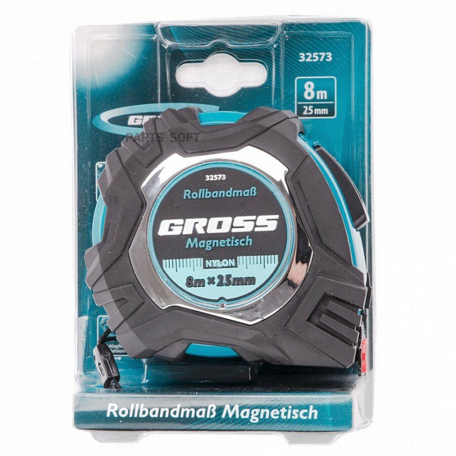 Рулетка Magnetisch, 8м х 25мм, обрезин. корпус, автоматич. фиксация, нейлон. покр, магн. зацеп от официального дистрибьютора, GROSS, артикул 32573