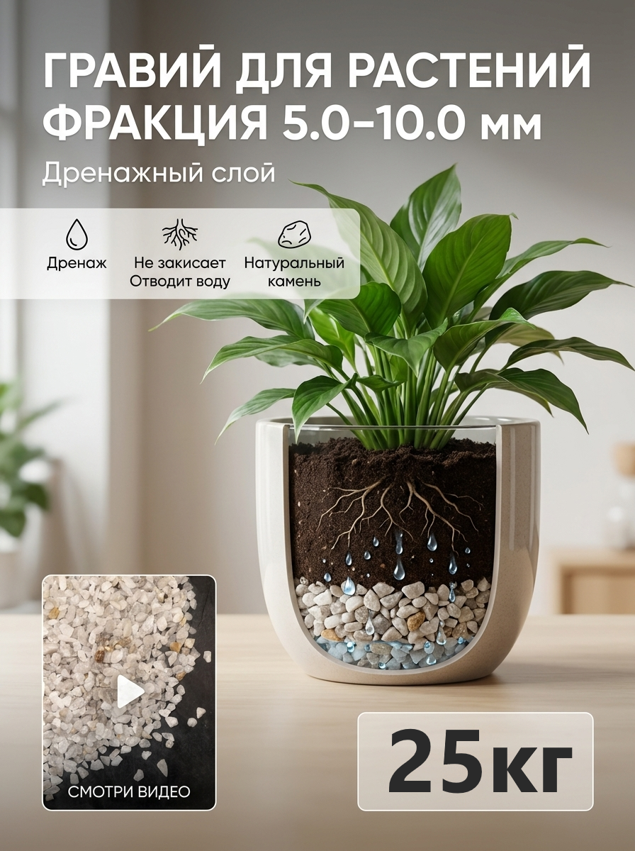 Дренаж для растений 5-10 мм, кварцевый гравий, добавка в грунт, улучшает дренаж и воздухообмен, 25 кг