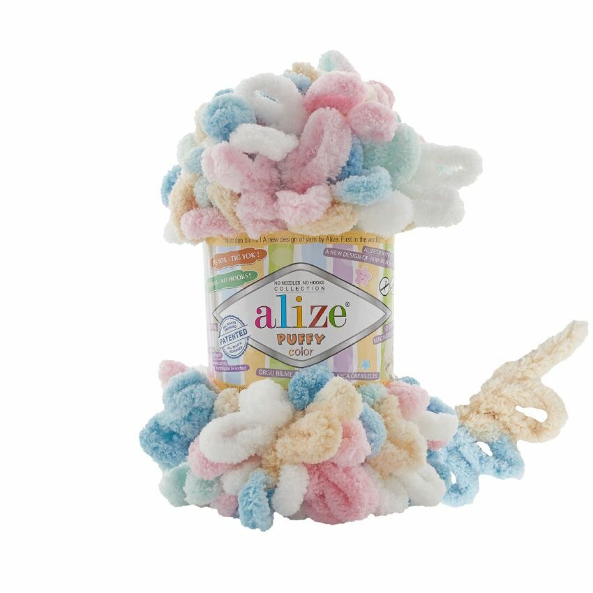 Пряжа для вязания Puffy Color Alize 1 моток (9 м, 100 гр), цвет 6523 белый-розовый-св. мята-бежевый-голубой
