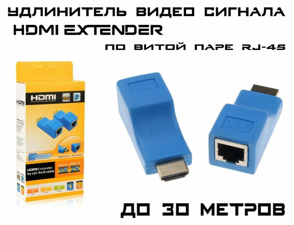 Удлинитель видео сигнала HDMI по витой паре RJ45 до 30 метров, Extender HDMI на RJ45 (cat-5e/6), комплект