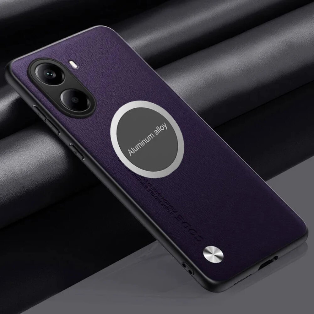 Кожаный Металлический Магнитный Держатель Для Автомобиля Poco F6 Pro, Фиолетовый, Dark purple metal