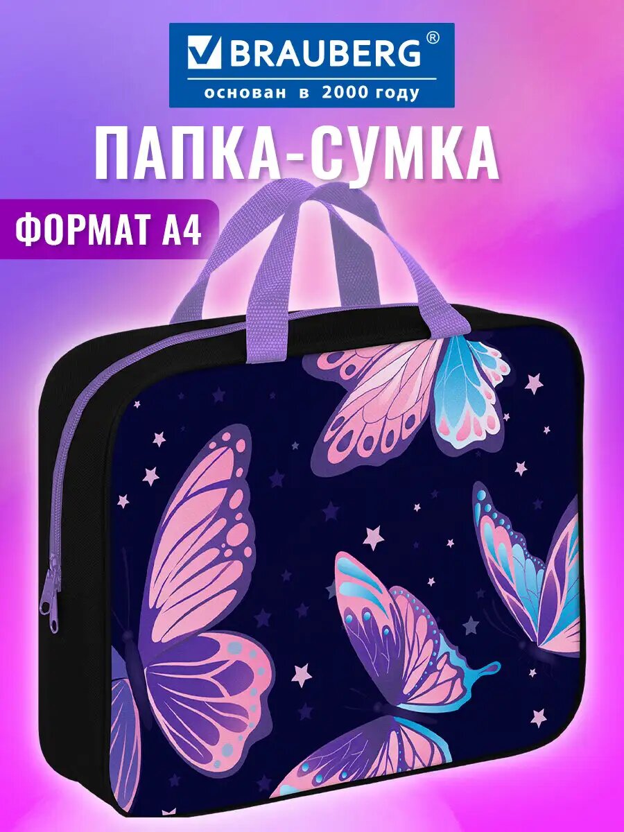 Папка сумка для тетрадей, труда, рисования и изо А4 для девочки на молнии с ручками для школы, Brauberg, 274504