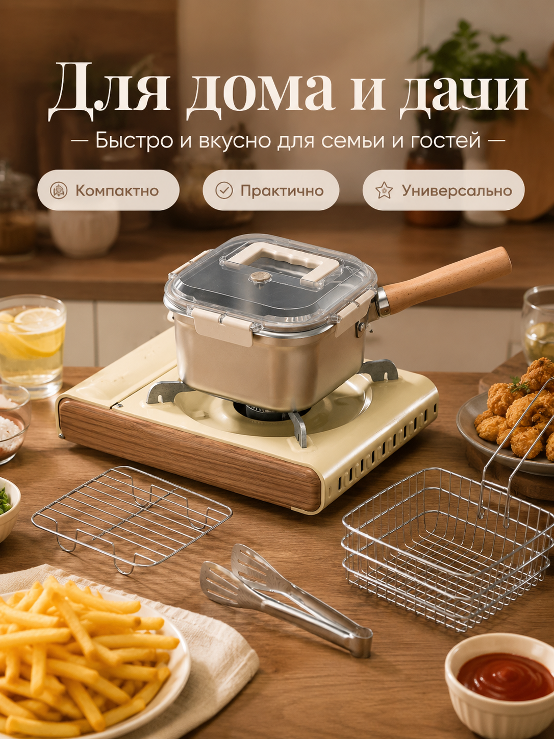 Фритюрница кастрюля для картофеля фри 2,5 л, с крышкой, щипцами и подставкой-пароваркой, набор 6 предметов