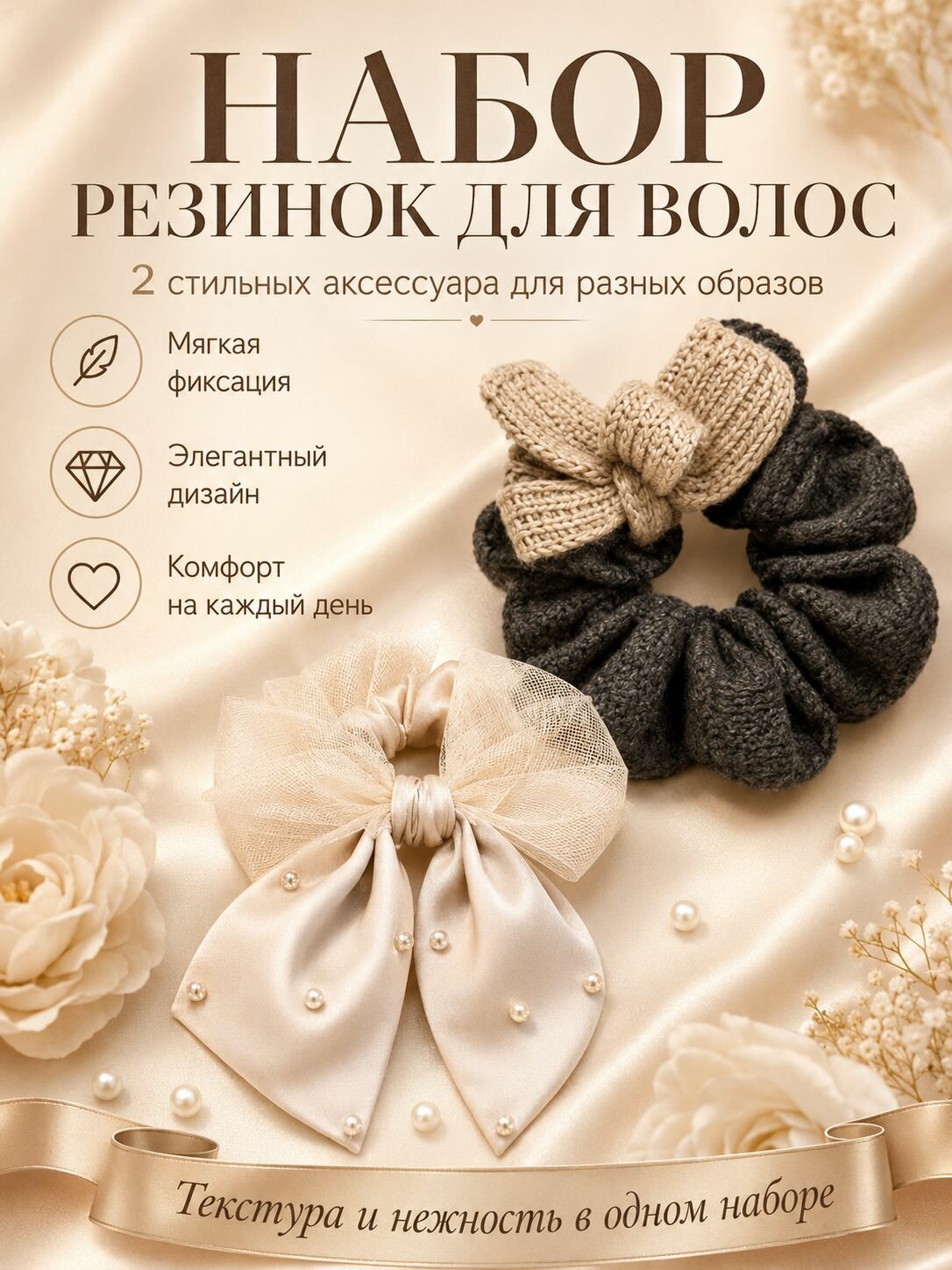 Резинки для волос женские 2 шт, текстильные резинки с бантом, черные и бежевые аксессуары для хвоста и пучка