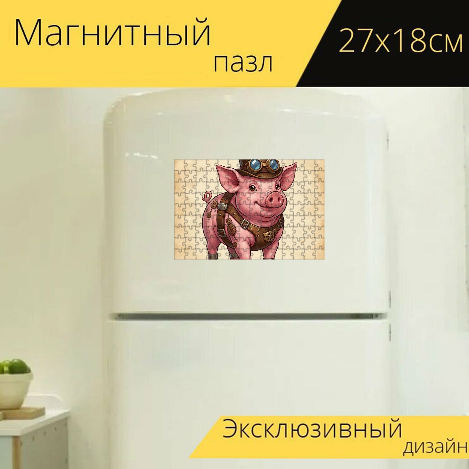 Магнитный пазл "Свинья в цилиндре и очках. Розовый поросёнок в ретрофутуристическом наряде: кожаные ремни, шестерёнки, латунные детали, высокая шляпа с." на холодильник 27 x 18 см.