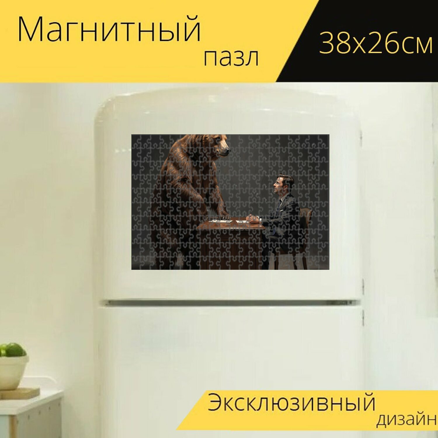 Магнитный пазл "Медведь на переговорах. Реалистичная сцена: бурый хищник стоит у деревянного стола напротив мужчины в костюме, темные тона, драматичный." для интерьера, 38х26 см.