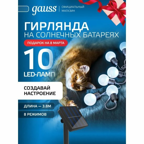 Гирлянда садовая на солнечной батарее Gauss 10 LED ламп Большие Шары Белый свет, 1/24