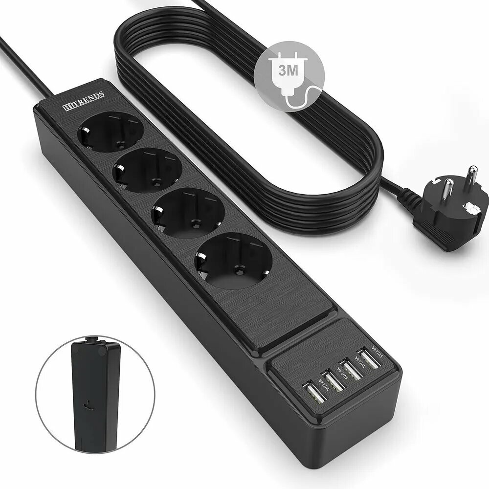 HITRENDS черное компактный сетевой фильтр Евророзетка 4 отверстия +4 USB удлинитель 3м