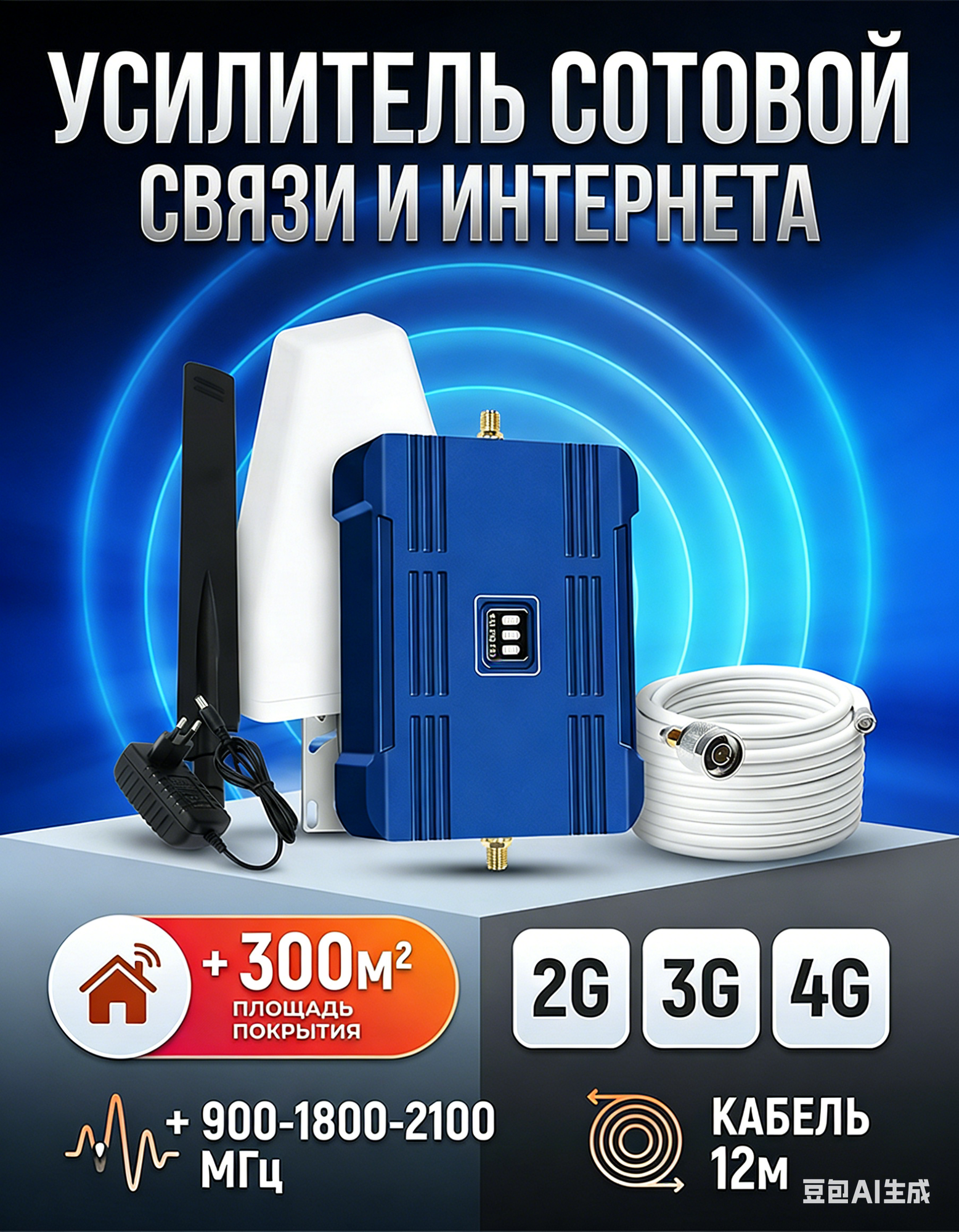 Усилитель сотовой связи 900/1800/2100 МГц (2G/3G/4G): до 70 км, направленный, синий, 1.3 кг