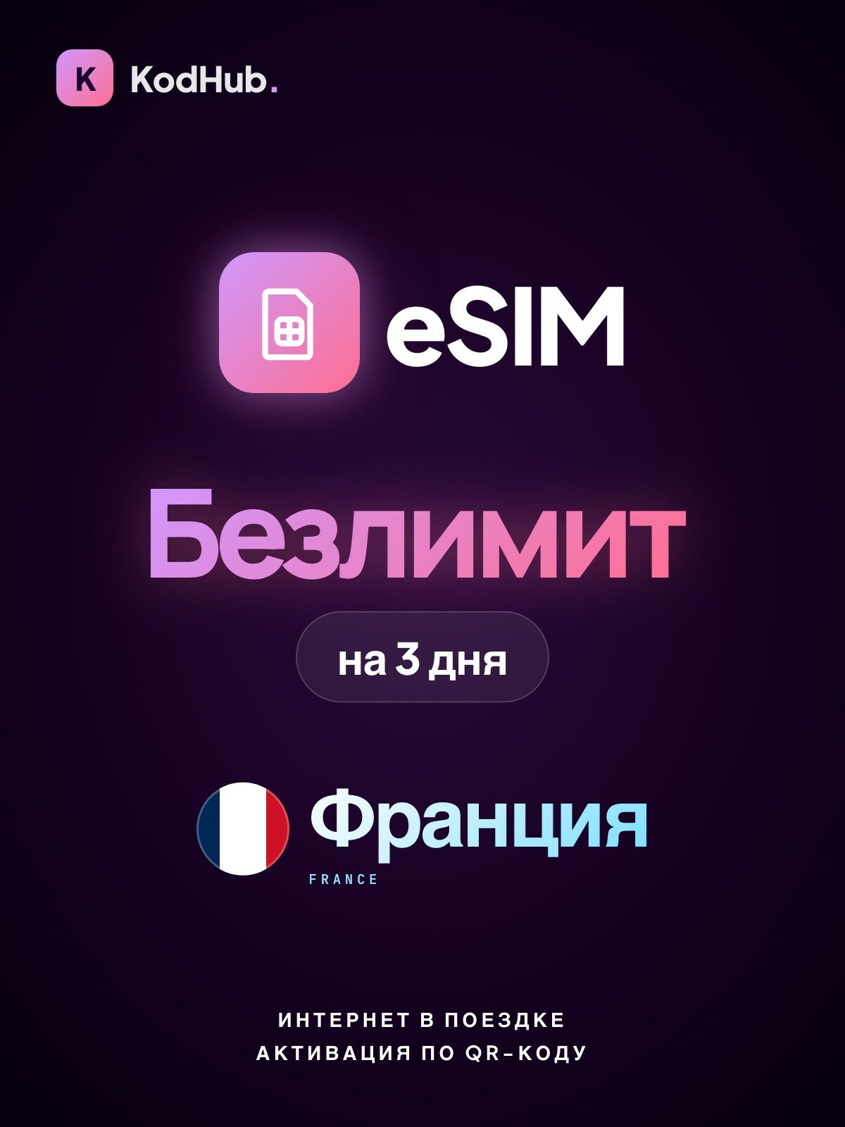 Туристическая eSIM Франция безлимит на 3 дня | интернет в поездке, связь за границей | QR-код активации