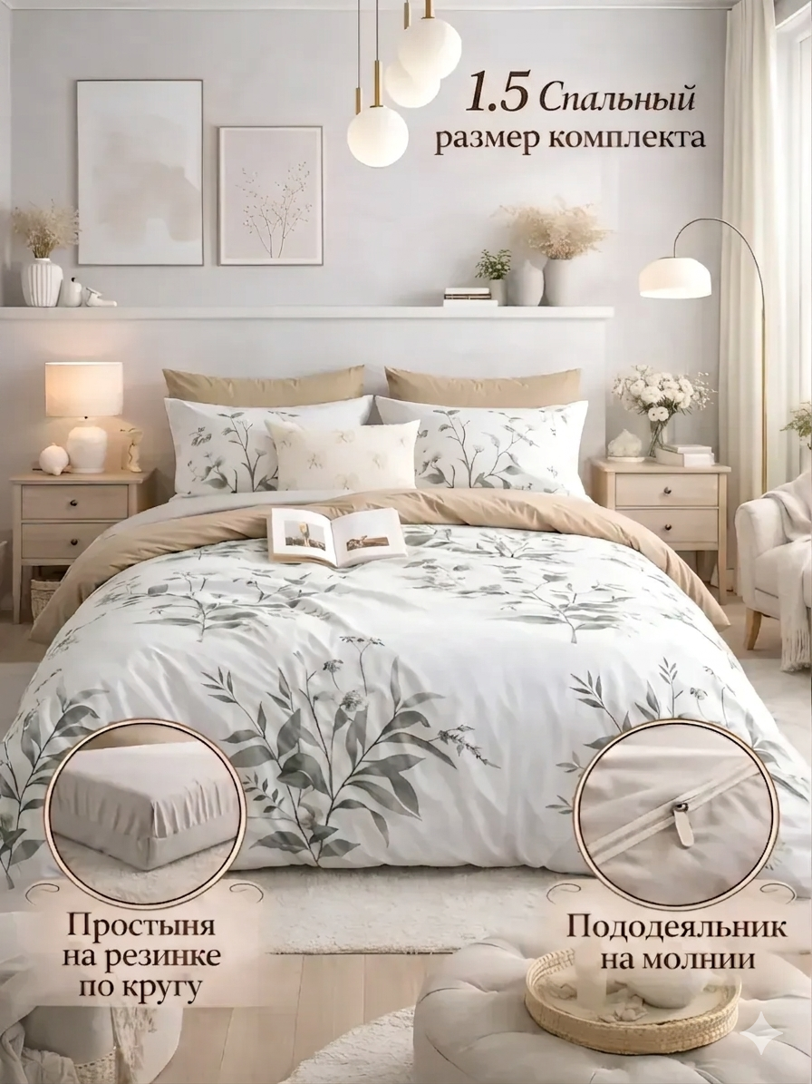 Постельное белье 1.5 спальное MUR MUR TEKS сатин, принт «серые цветы», простыня на резинке 90х200, на молнии