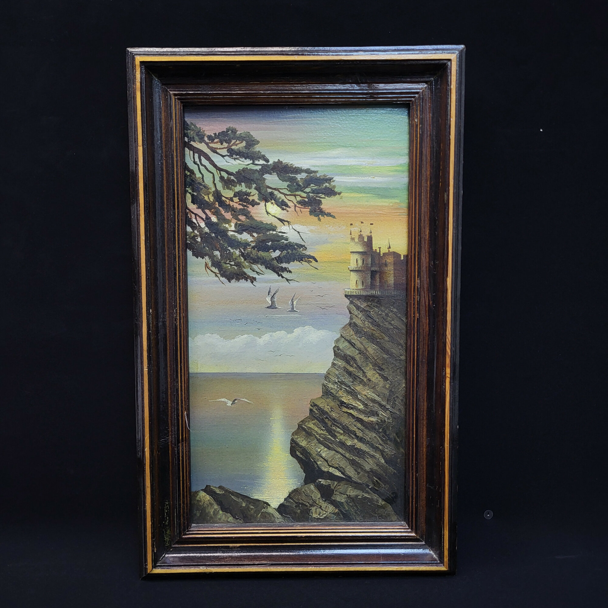 Винтажная картина СССР. Морской пейзаж с замком на скале, масло, в раме, настенное панно