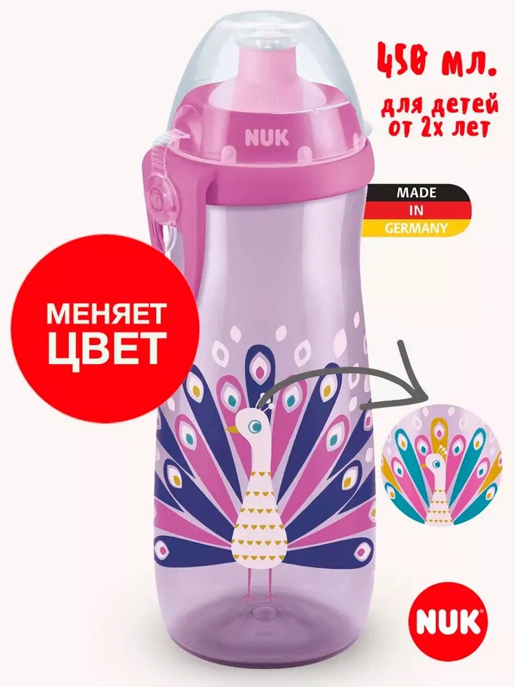 Поильник для девочки с 2 лет NUK FC SPORTS с рисунками, меняющими цвет, 450 мл, розовый павлин