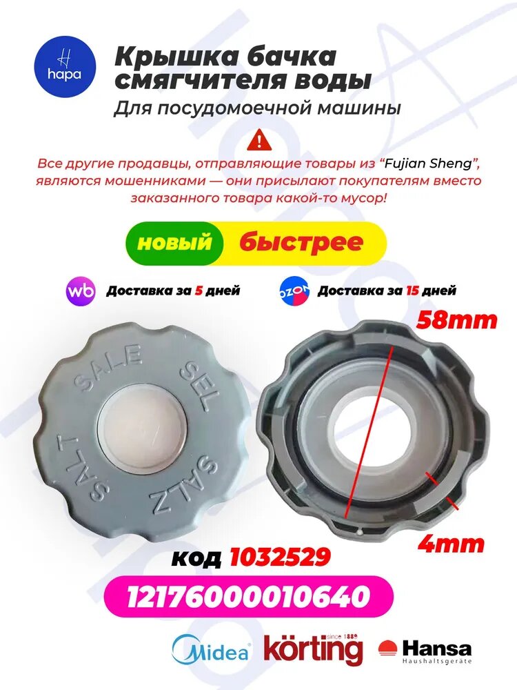 Крышка бачка смягчителя воды Для посудомоечной машины Korting Midea Hansa 12176000010640 зам. 1032529