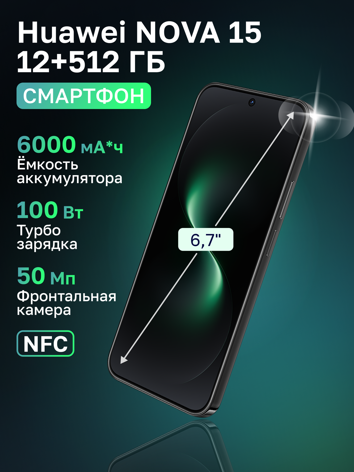 Смартфон Huawei NOVA 15 12+512Gb, черный (51098TSH)
