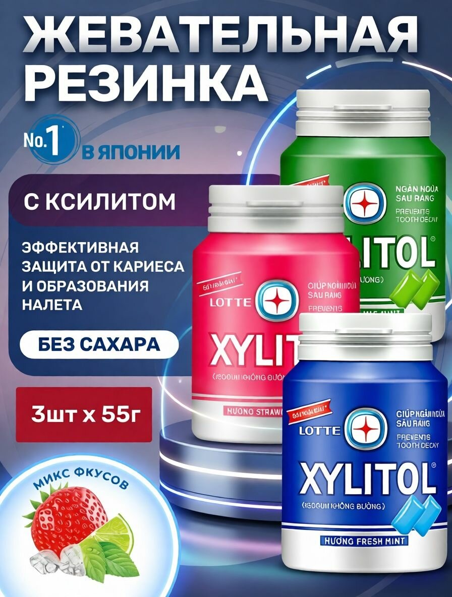 Жевательная резинка без сахара XYLITOL набор 3 вкуса (3шт*55,1гр)
