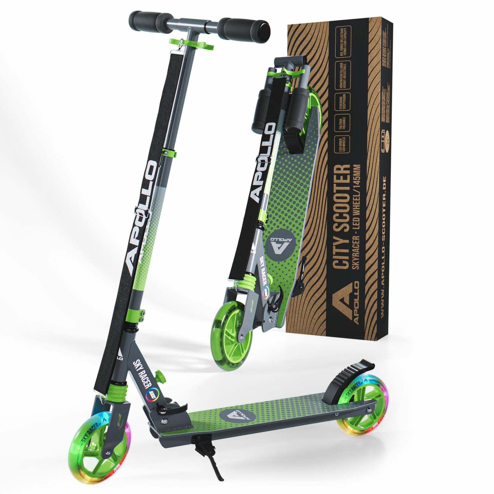 DECATHLON самокат Apollo SkyRacer, серый/зеленый, 145 мм, складной