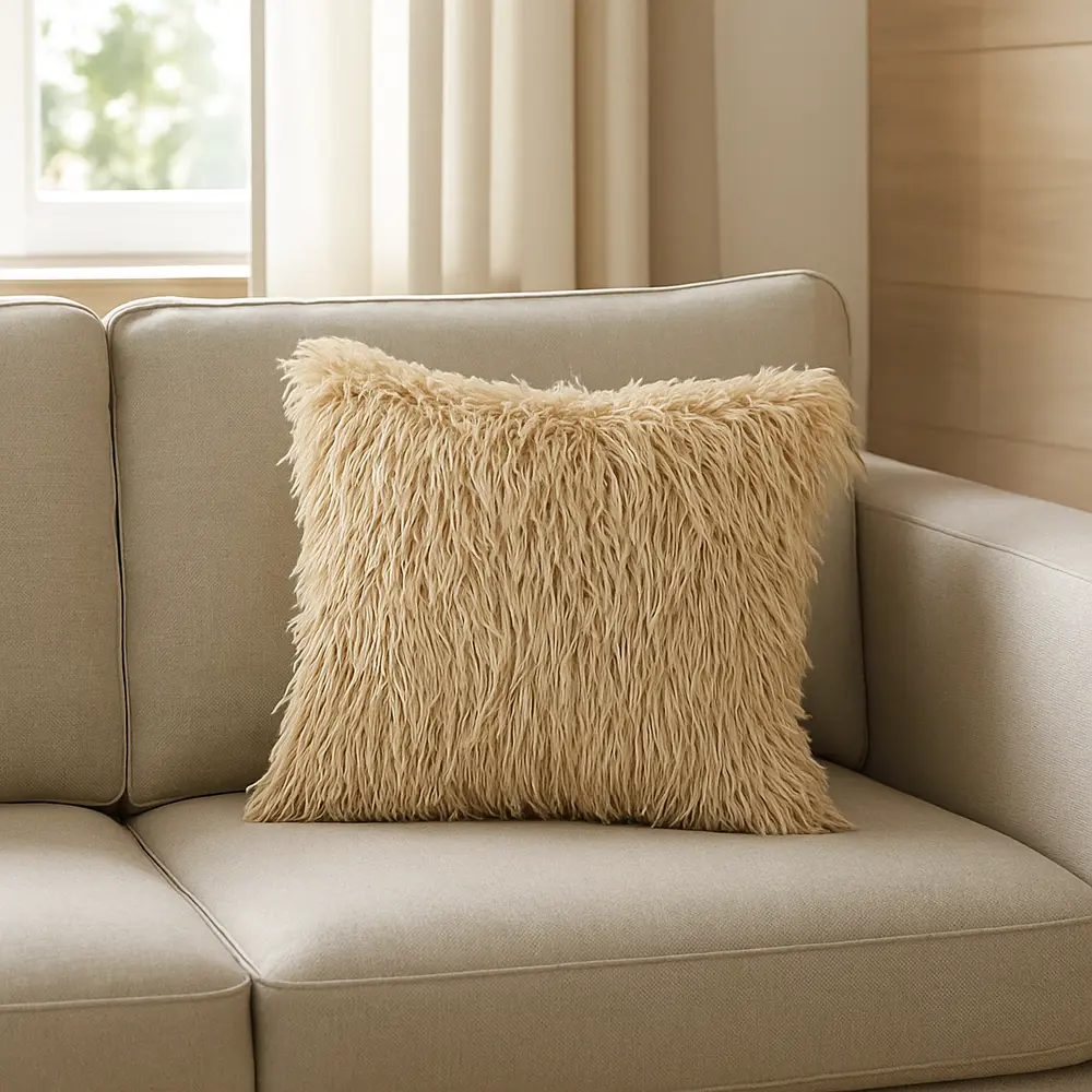 Подушка наволочка Linen Way Перья 45x45 см цвет бежевый Пушистая подушка с длинным мехом для дивана мягкая модная