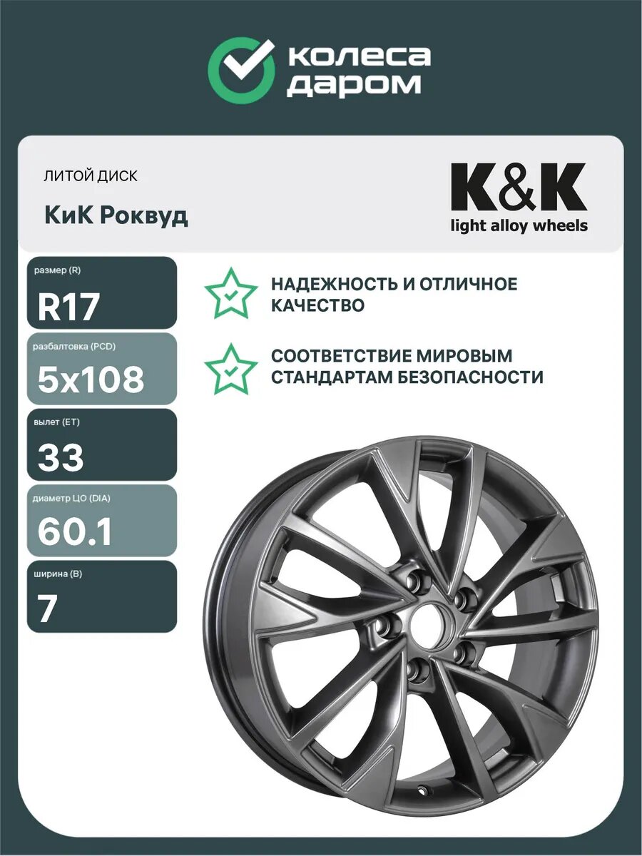 Колесный диск автомобильный КиК Роквуд 7xR17 5x108 ET33 DIA60.1