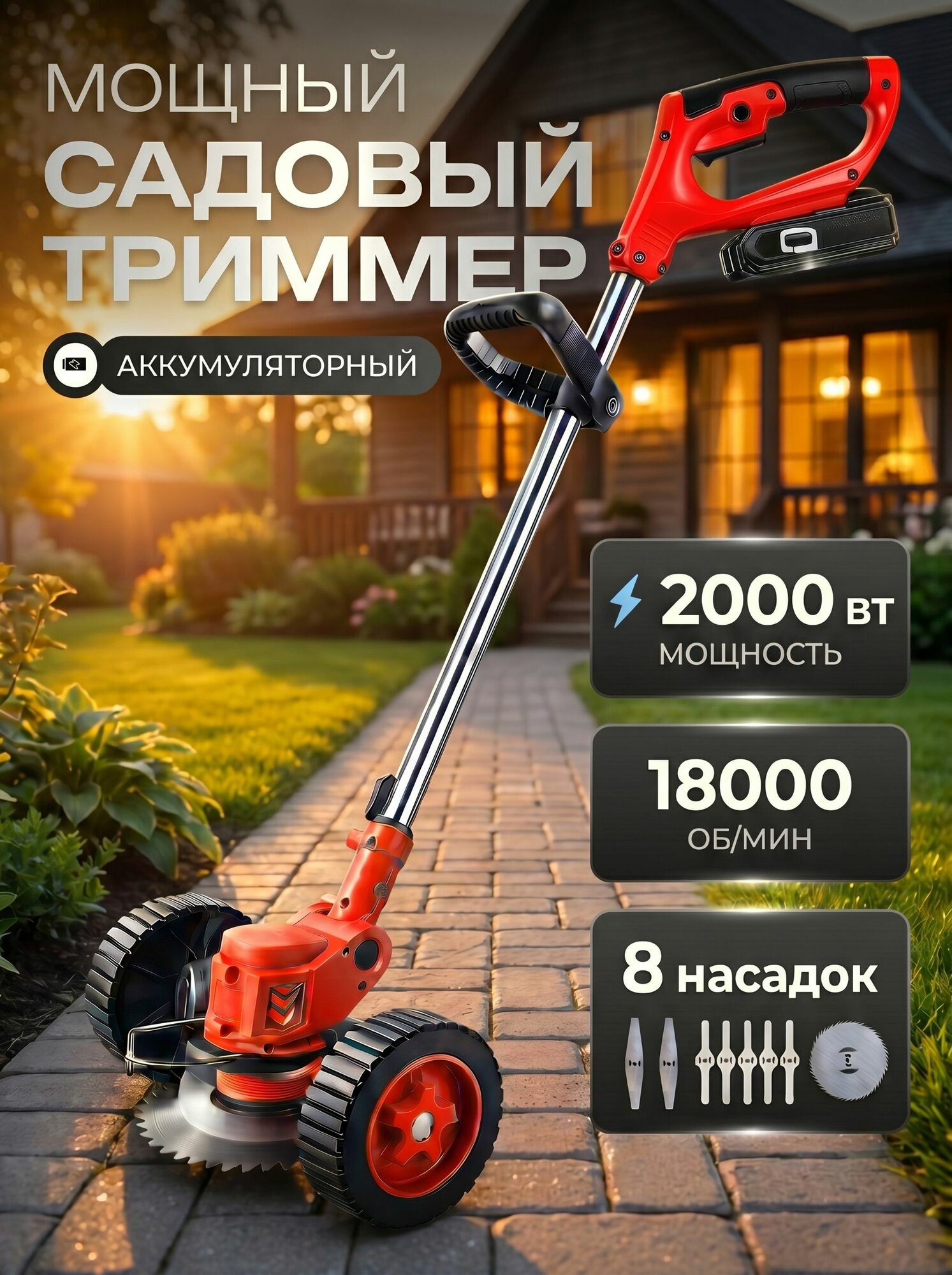 Триммер аккумуляторный садовый с двумя аккумуляторами, газонокосилка ручная 20000 об. мин