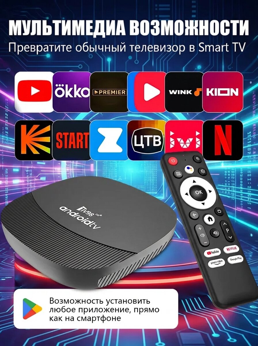 WIXG Медиаплеер Смарт ТВ приставка Android, Bluetooth, Wi-Fi, черный матовый