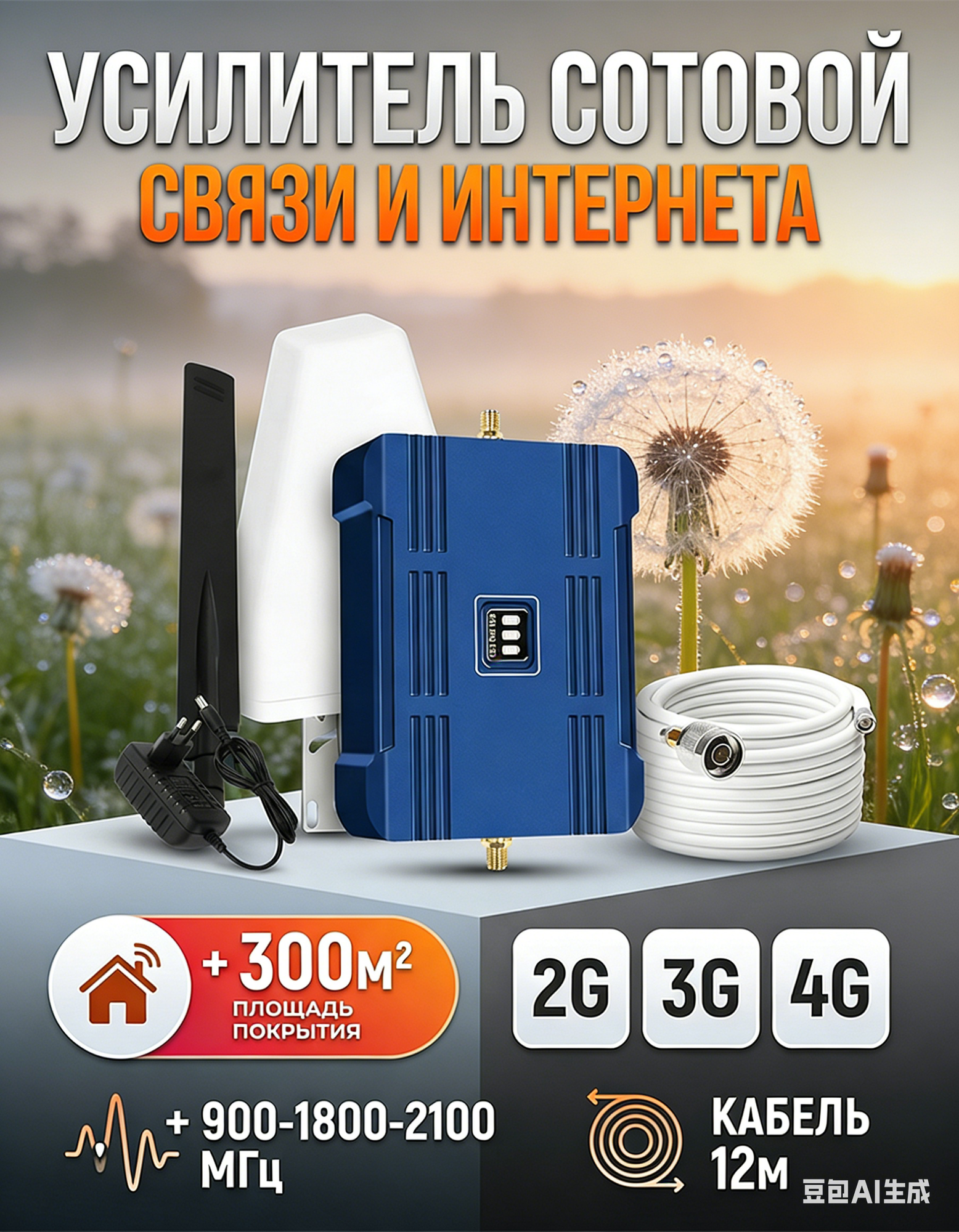Усилитель сотовой связи 900/1800/2100 МГц (2G/3G/4G): до 70 км, направленный, синий, 1.3 кг
