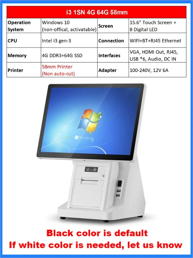 15,6-дюймовая система POS под Windows i3 i5 i7 Win10 Win11 с сенсорным экраном, кассовый аппарат, термопринтер 58/80 мм, терминал POS для ресторанов