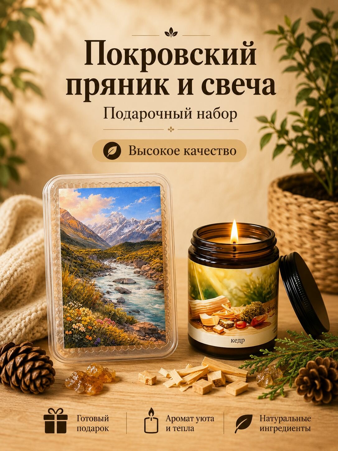 Подарочный набор: покровский пряник 140 гр и ароматическая свеча 190 гр