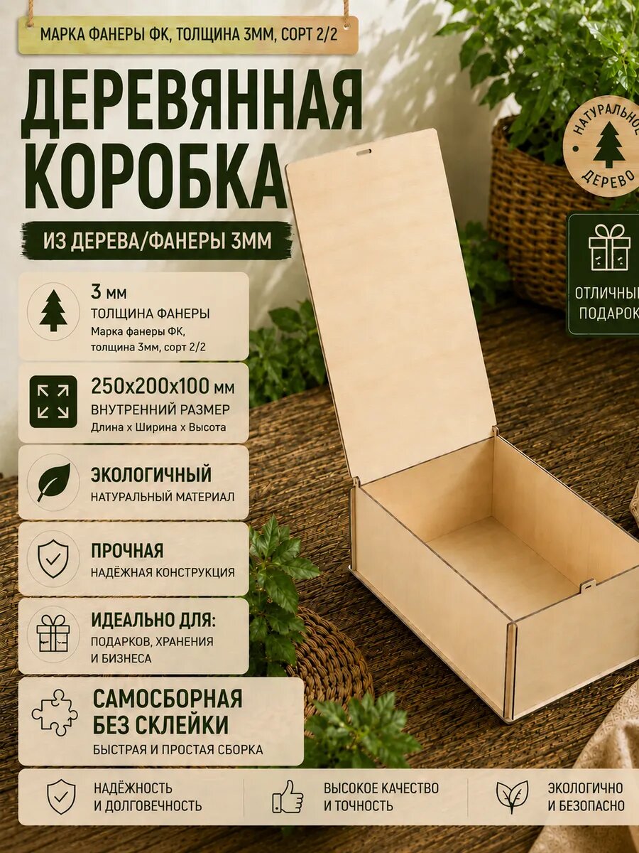 Коробка подарочная ящик деревянный декоративный с крышкой