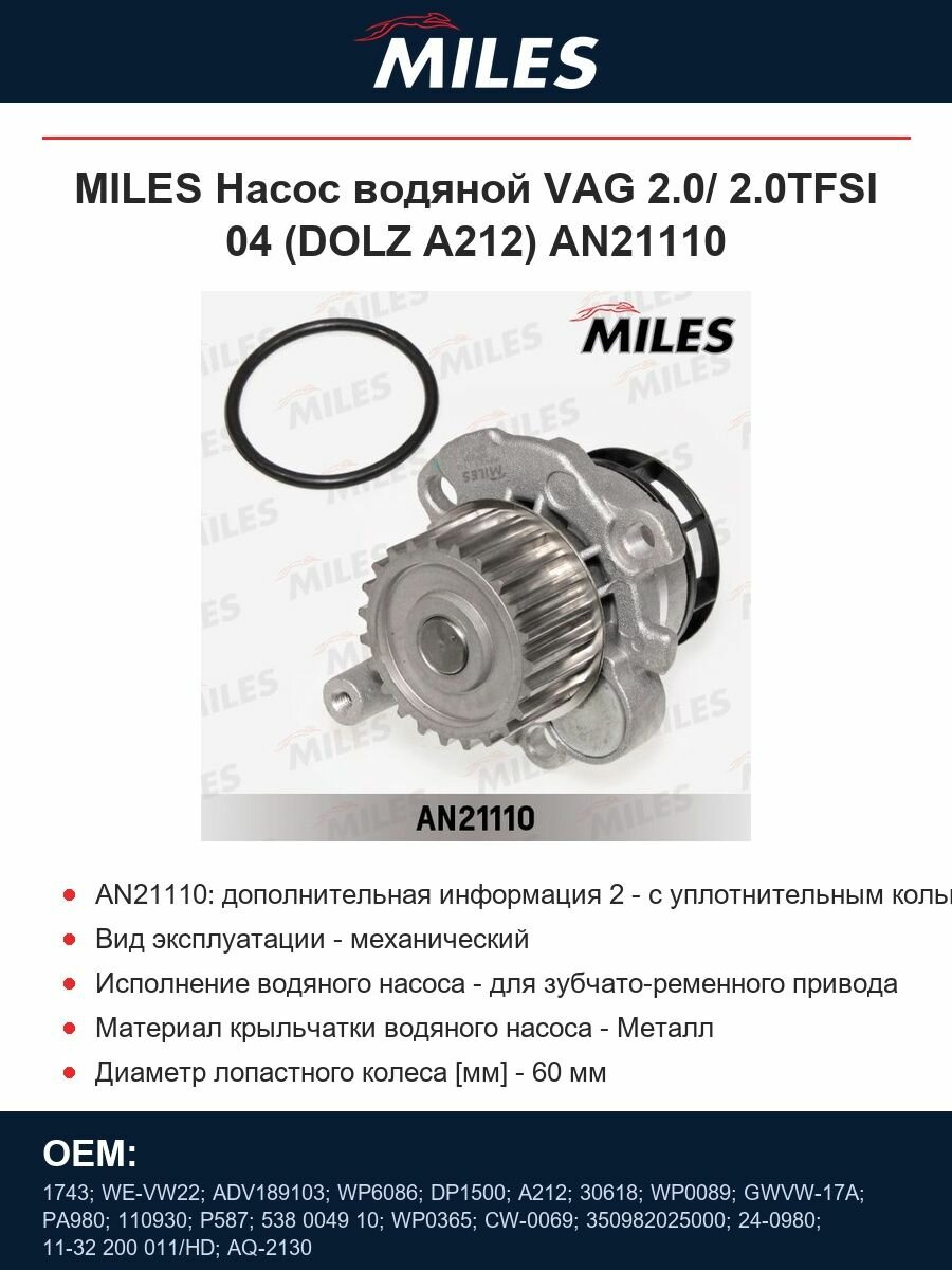 MILES Насос водяной VAG 2.0/ 2.0TFSI 04 (DOLZ A212) AN21110