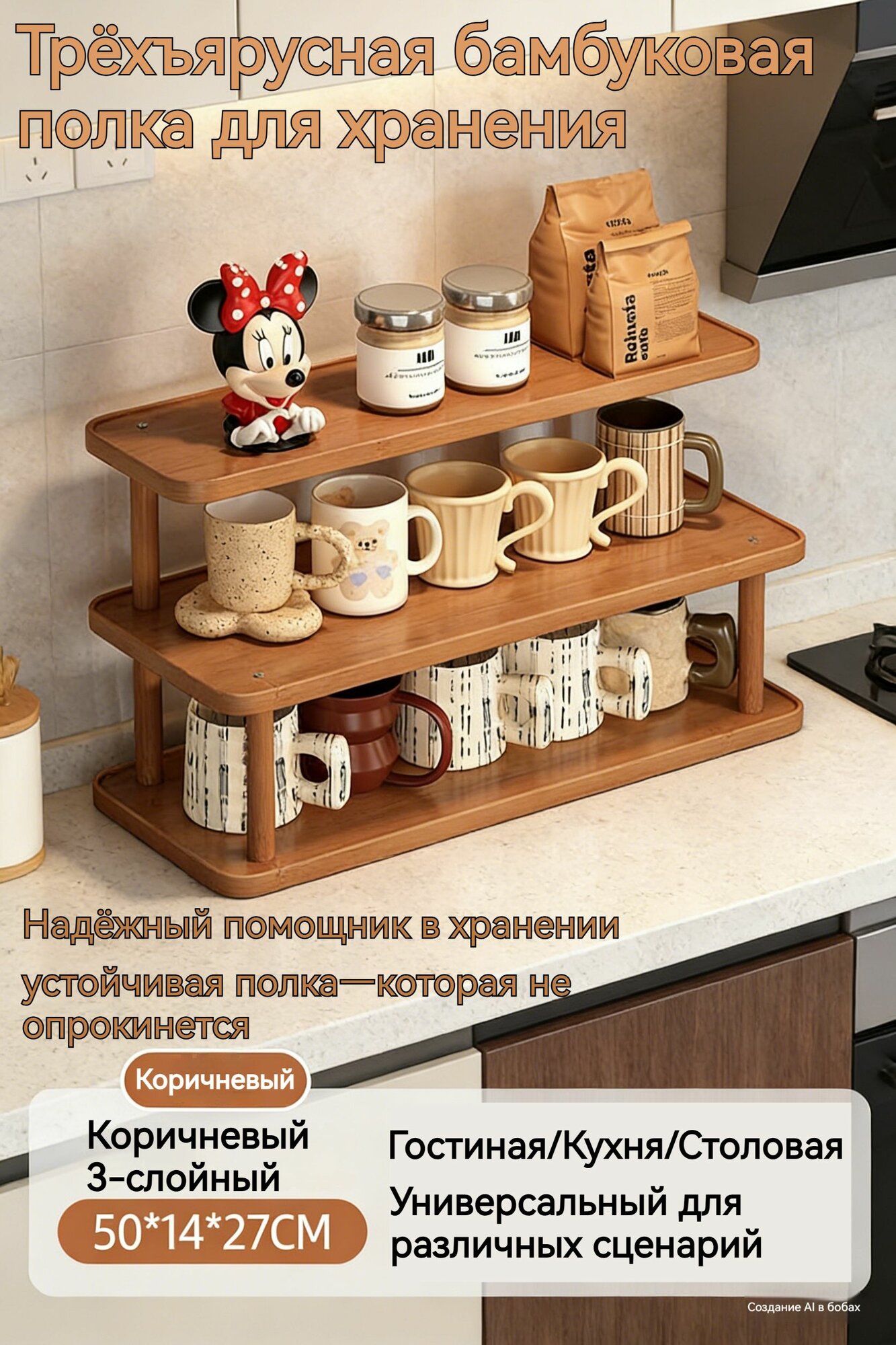 Трехъярусный бамбуковый стеллаж для кружков, чашек и кофе, 50×14×27 см
