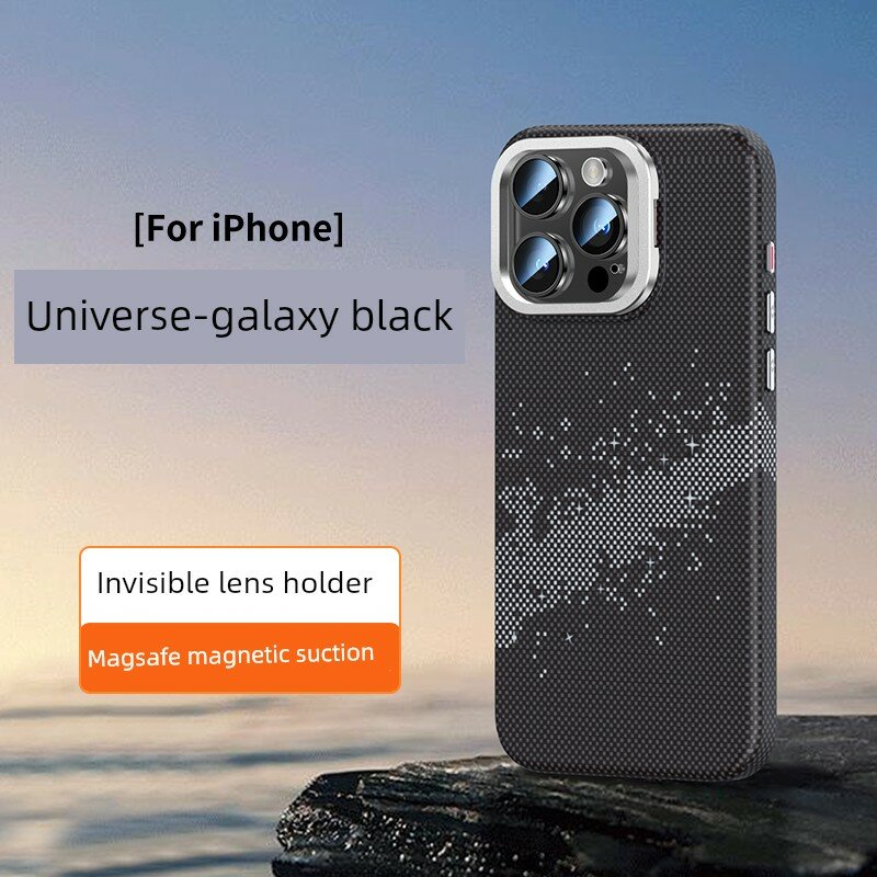 Карбоновая волоконная магнитная оболочка для iPhone 15 Plus, черный цвет Звездной реки с подставкой