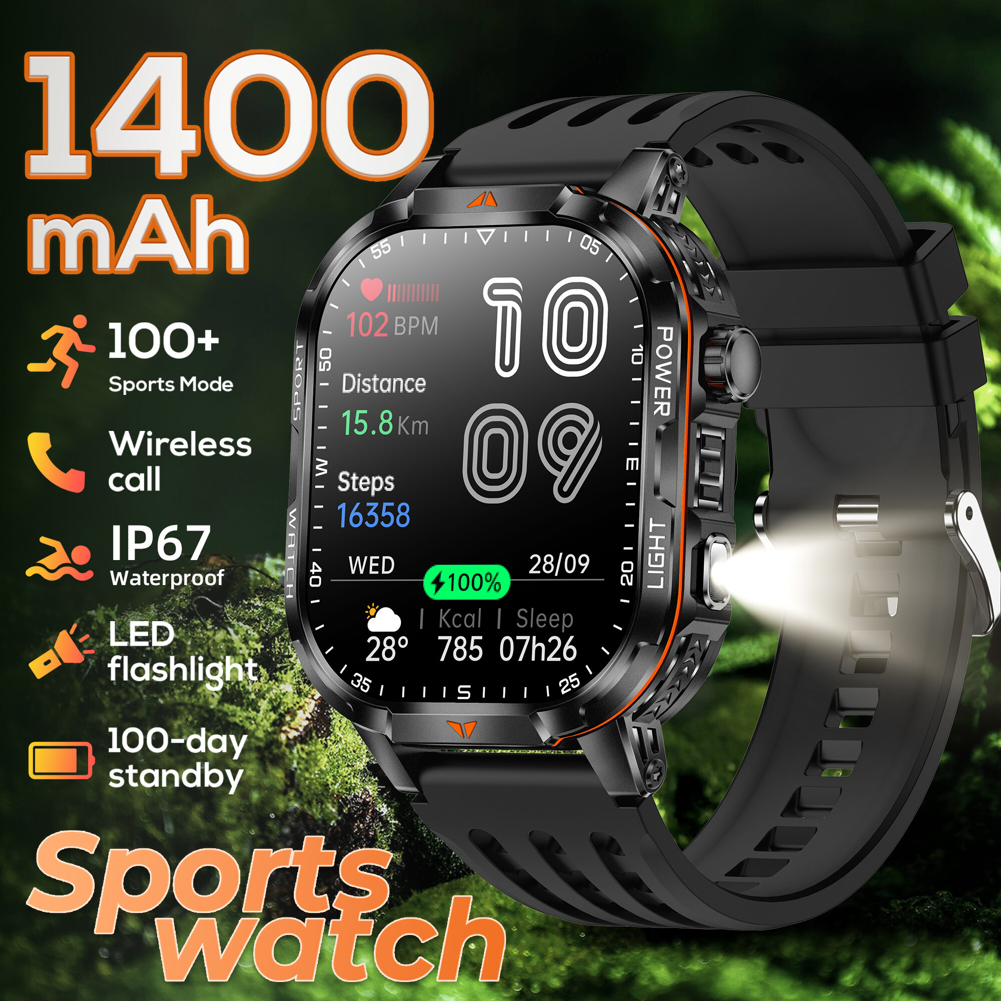 FITORA Смарт-часы мужские и женские, Bluetooth-звонки, аккумулятор 1400 мАч, экран 2.01" TFT, IP67, пульсометр, SpO₂, 100+ спортивных режимов
