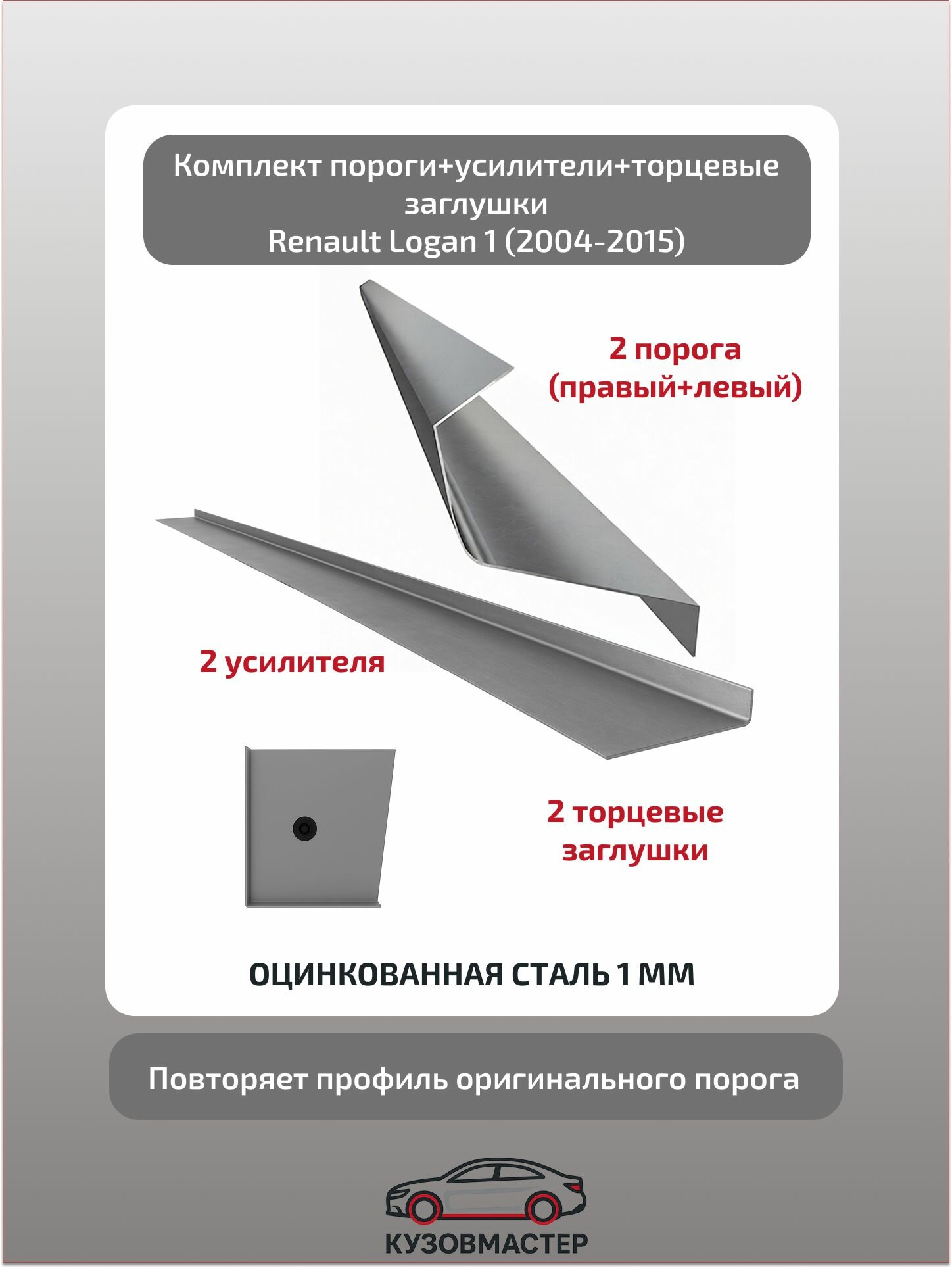 Комплект порогов + усилители + заглушки Renault Logan 1 (Полупрофиль) цинк