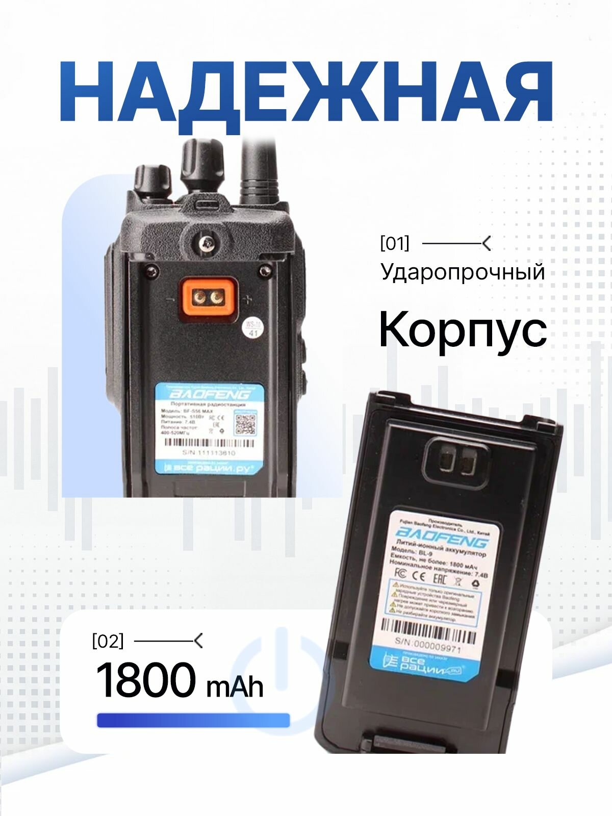 Рация Baofeng BF-S56 MAX 8W IP67 1800 мАч UHF Черный — фото 1