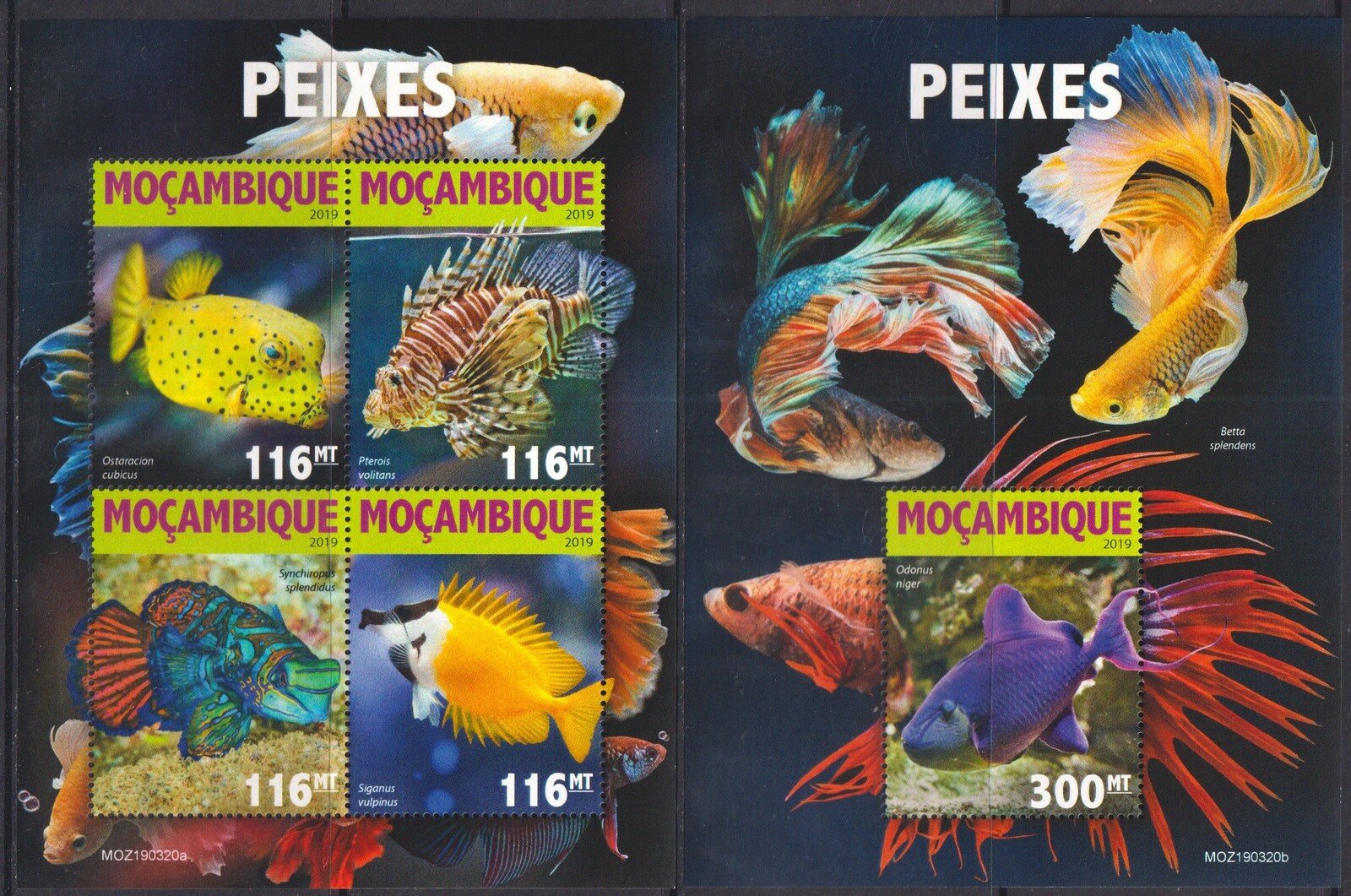 Марки 2019 год Мозамбик Рыбы Морская жизнь Фауна #10279-82+Bl1491 Mnh