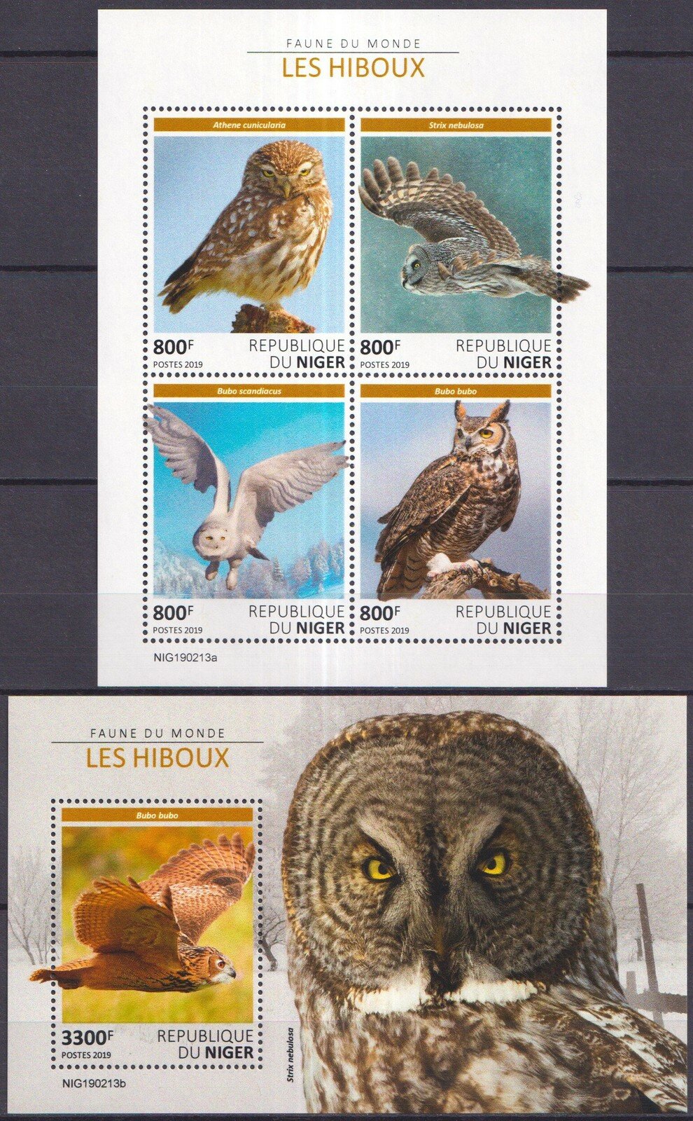 Марки 2019 год Нигер Совы Хищные птицы Фауна #6453-6456+Bl987 Mnh