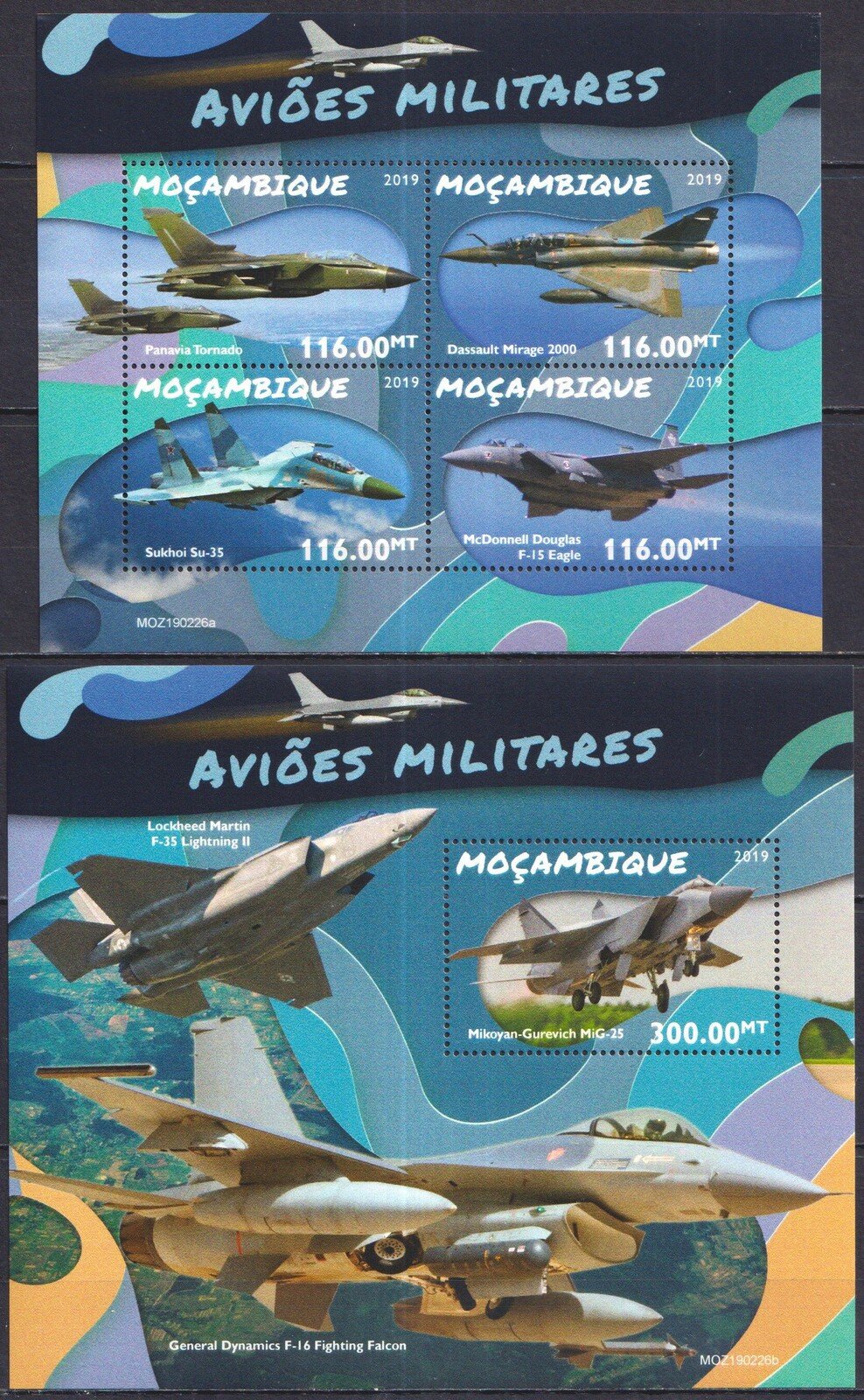 Марки 2019 год Мозамбик Военные самолеты Авиация Война #10192-195+Bl1474 Mnh