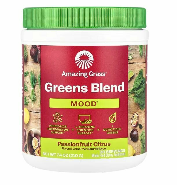 Amazing Grass, Greens Blend, Mood, Пробиотики для поддержки пищеварения маракуйя и цитрус, 210 г