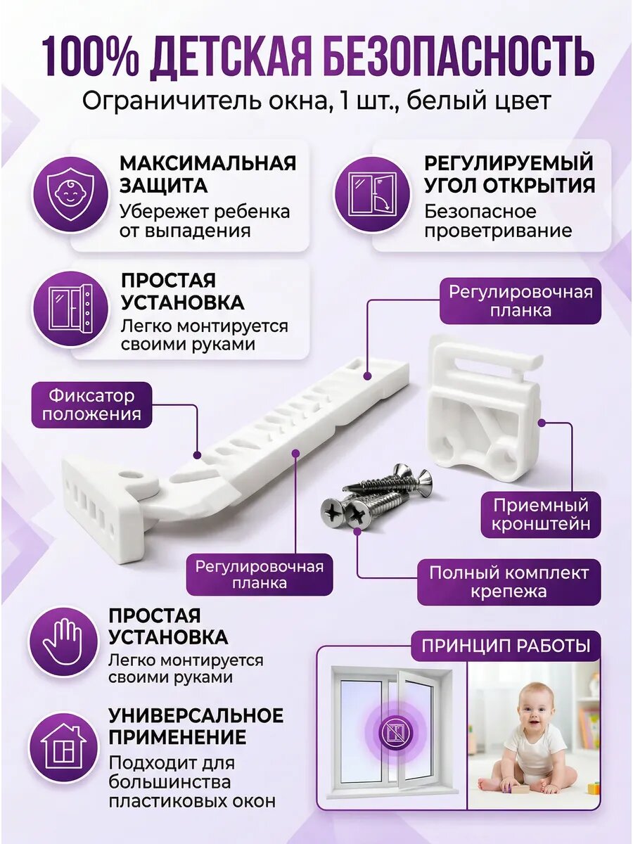 Ограничитель 100% Baby Safety замок на окно от детей, 1 шт, белый