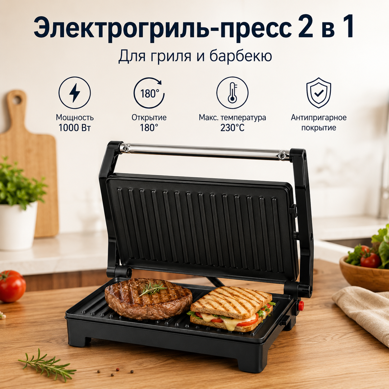 Гриль электрический STINGRAY ST-SM1208A 1000 Вт, режим барбекю, черный/сталь