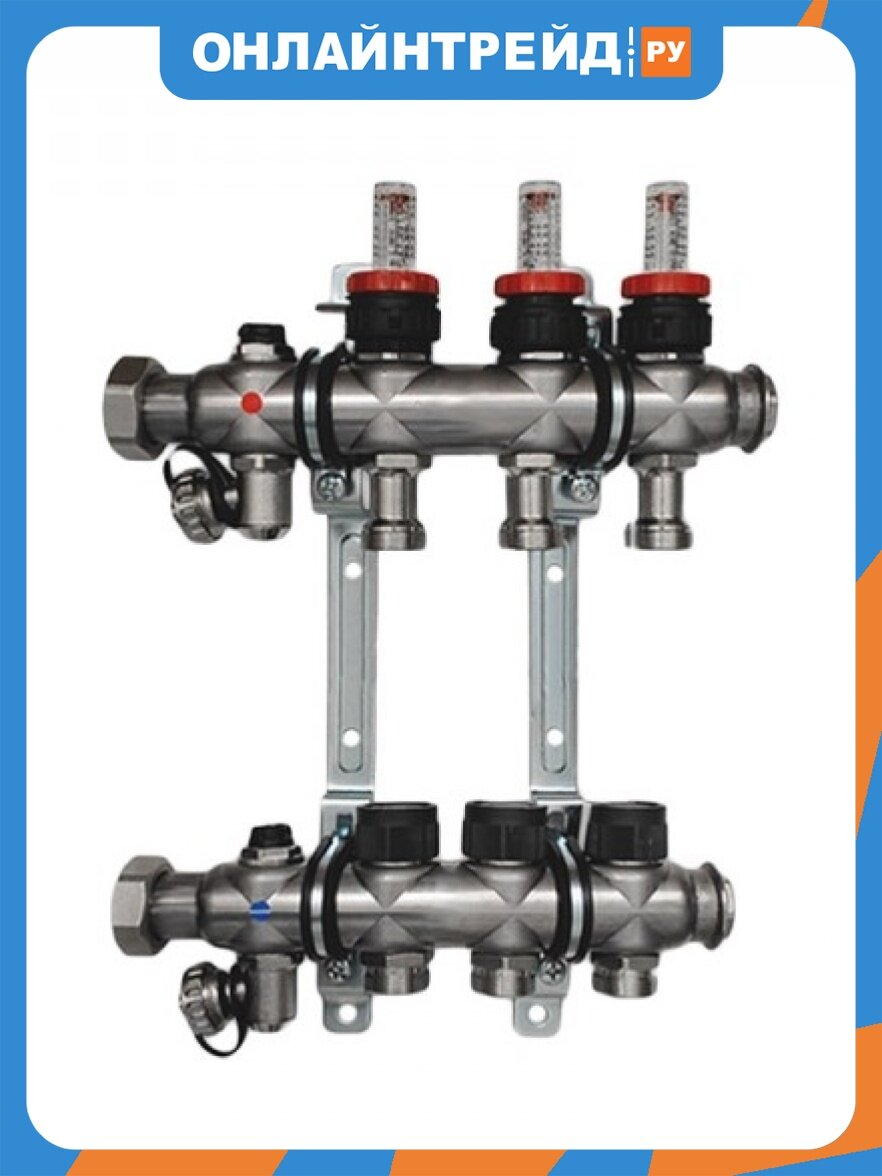 Коллектор (гребенка) Oventrop 1" Multidis SF 8, 3/4" ЕК, со встроенными ротаметрами 0-5 л/мин. на подаче (для панельного отопления и охлаждения)