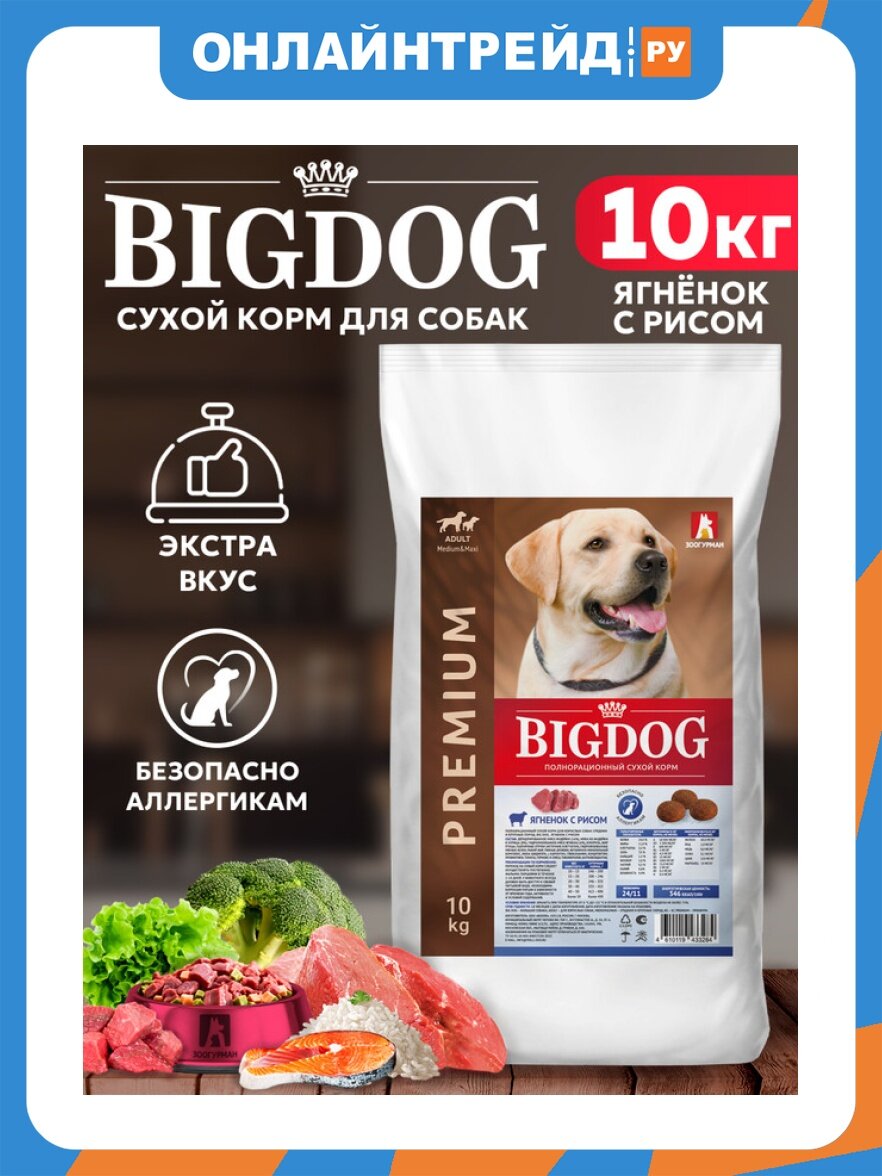 Корм сухой Зоогурман BIG DOG, для взрослых собак, средних и крупных пород, ягненок с рисом, 10 кг
