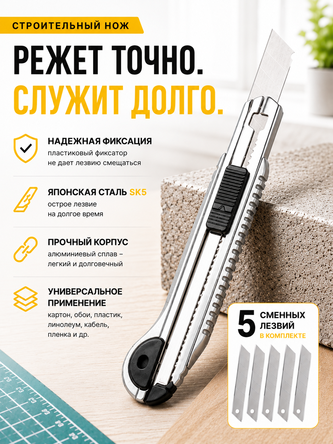 Канцелярский нож усиленный 18мм +5 сменных лезвий для строительных и канцелярских работ